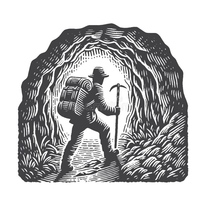 Explorer Entering Dark Cave Vintage Retro Vector Illustration Design ...