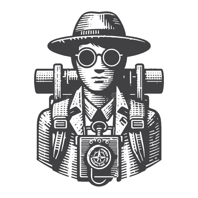Explorer Man in Retro Vintage Vector Illustration with Backpack. Stock ...
