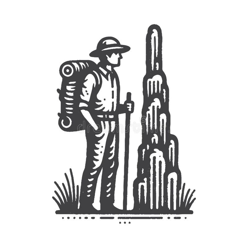 Vintage Logo of Explorer Standing by Stalagmites. Stock Vector ...