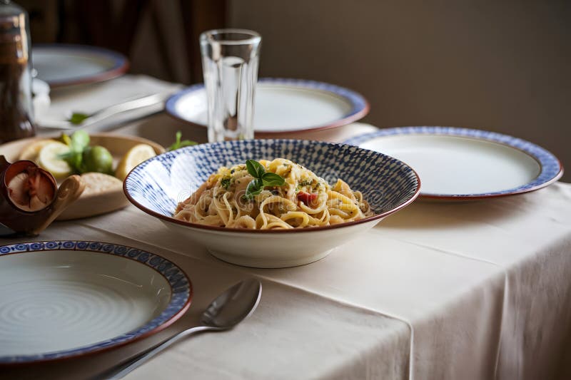 Simple Family-Style Dinner Table Setup with Bowl of Pasta Stock ...