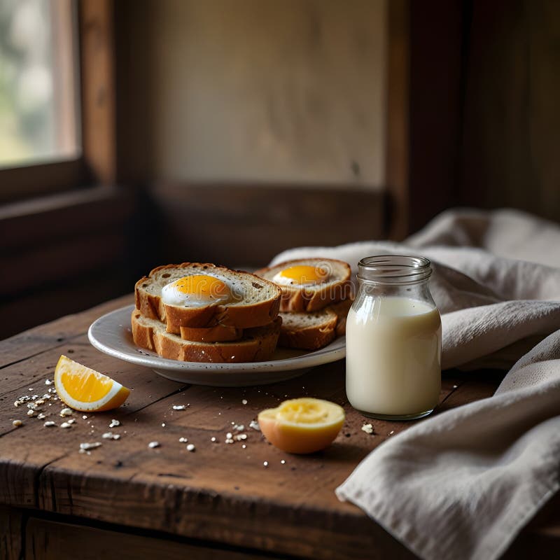 Simple Farmhouse Breakfast with Fresh Eggs, Sliced Bread, and Butter on ...
