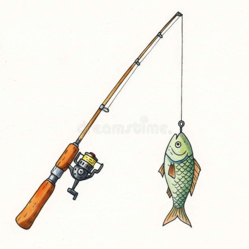Simple Fishing Rod Illustration with Caught Fish Stock Illustration ...