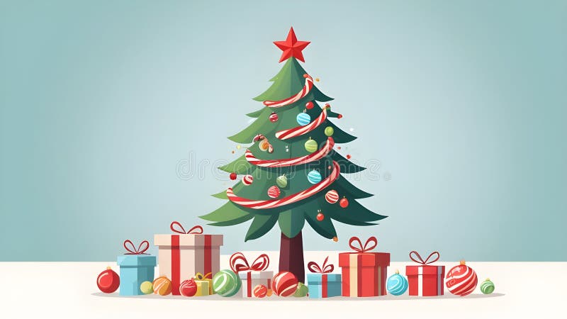 Simple Flat 2D Christmas Tree with Decorations of Candy Canes and ...