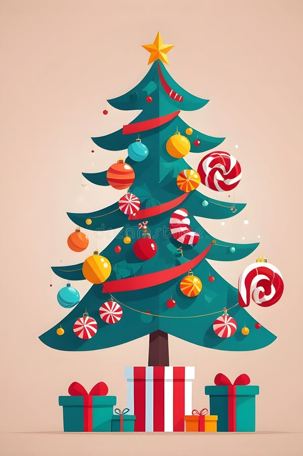 Simple Flat 2D Christmas Tree with Decorations of Candy Canes and ...