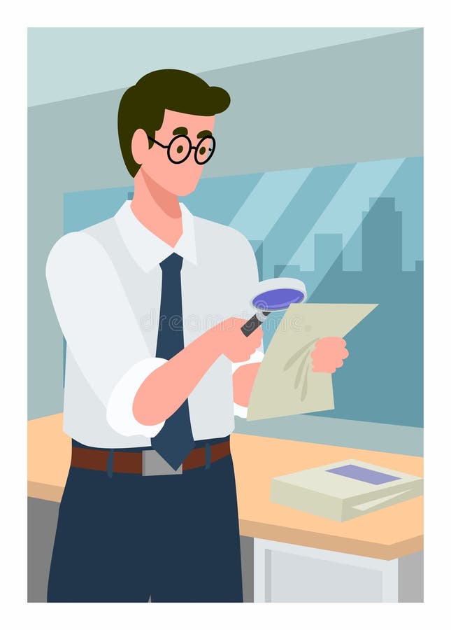 Male Internal Auditor Investigating Document with Magnifying Glass ...