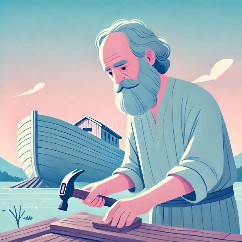 A Simple, Flat Illustration of Noah Building the Ark, Set in a Serene ...