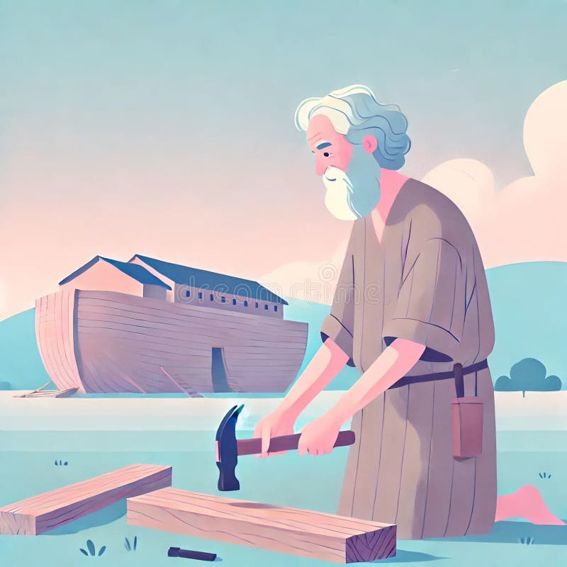 A Simple, Flat Illustration of Noah Building the Ark, Set in a Serene ...