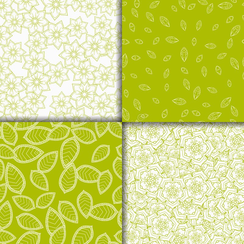 Simple Floral Light Green and White Seamless Patterns Set. Stock ...