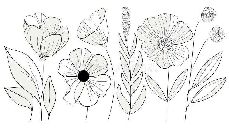 Simple Flowers Line Art stock illustration. Illustration of beauty ...