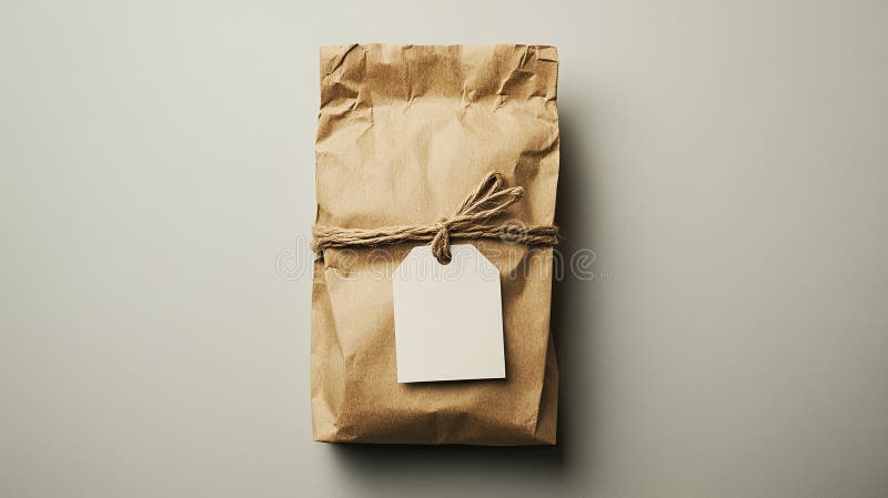 A Simple, Folded Kraft Paper Bag Tied with String and a Blank Tag Stock ...