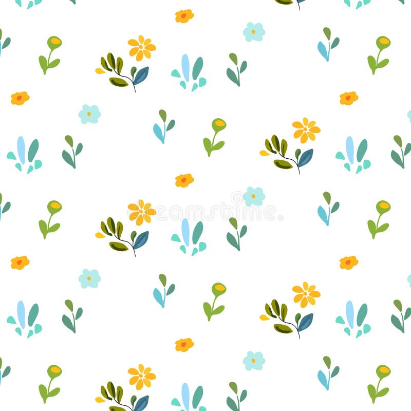 Simple Folk Floral and Tree Pattern Bright Green Blue Flower Stock ...