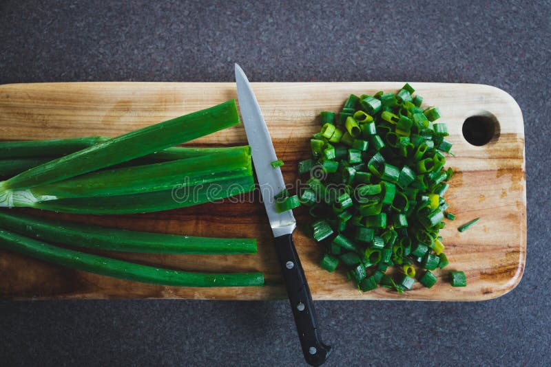 Simple Food Ingredients, Fresh Spring Onion Getting Chopped on Cuttin ...