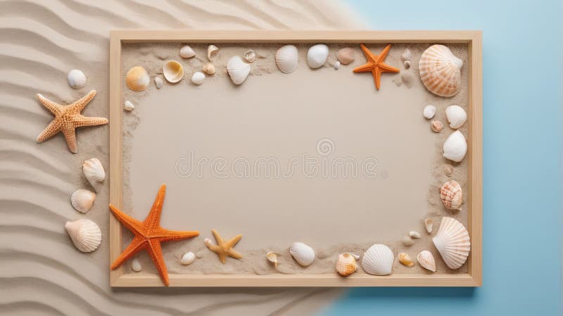 Simple Frame of Shells and Starfish on Blue Background, Ai Generated ...