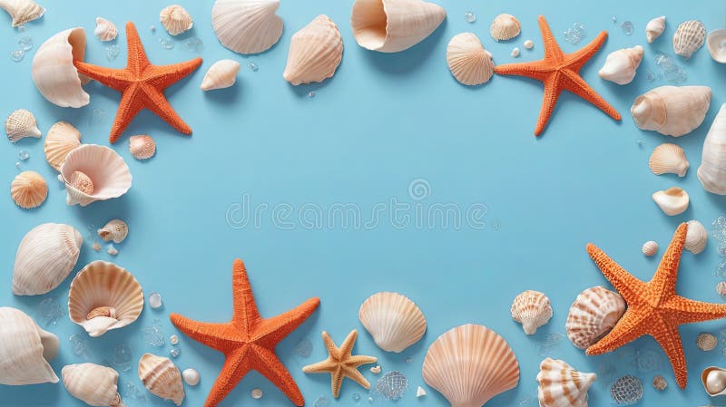 Simple Frame of Shells and Starfish on Blue Background, Ai Generated ...