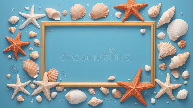 Simple Frame of Shells and Starfish on Blue Background, Ai Generated ...