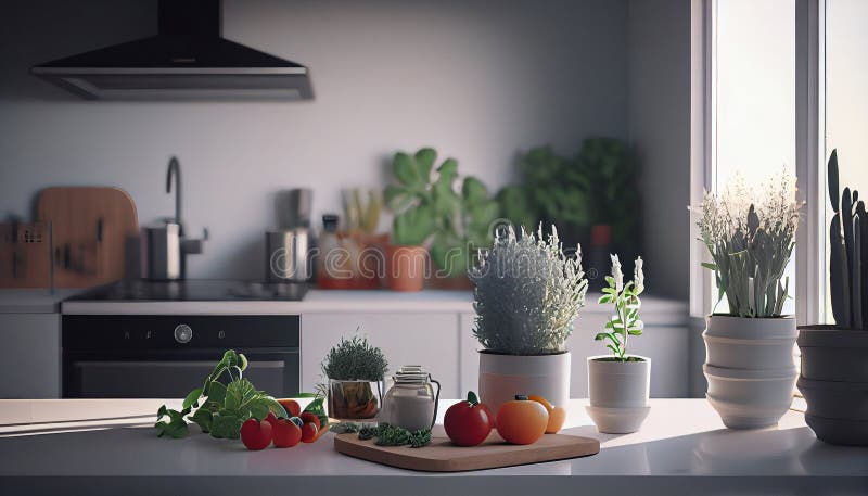 Simple & Fresh Kitchen with Natural Light & Flowers. Generative AI ...
