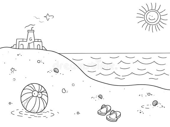 Fun Beach Coloring Page for Kids Stock Illustration - Illustration of ...