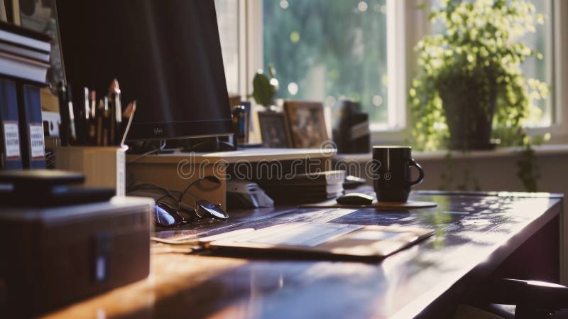 A Simple yet Functional Desk Setup with a Computer and a Cup of Coffee ...