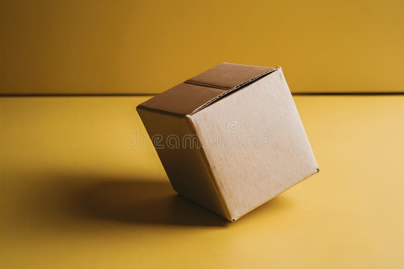 Simple, Functional Tilted Cardboard Box on a Yellow Surface, Closed Lid ...