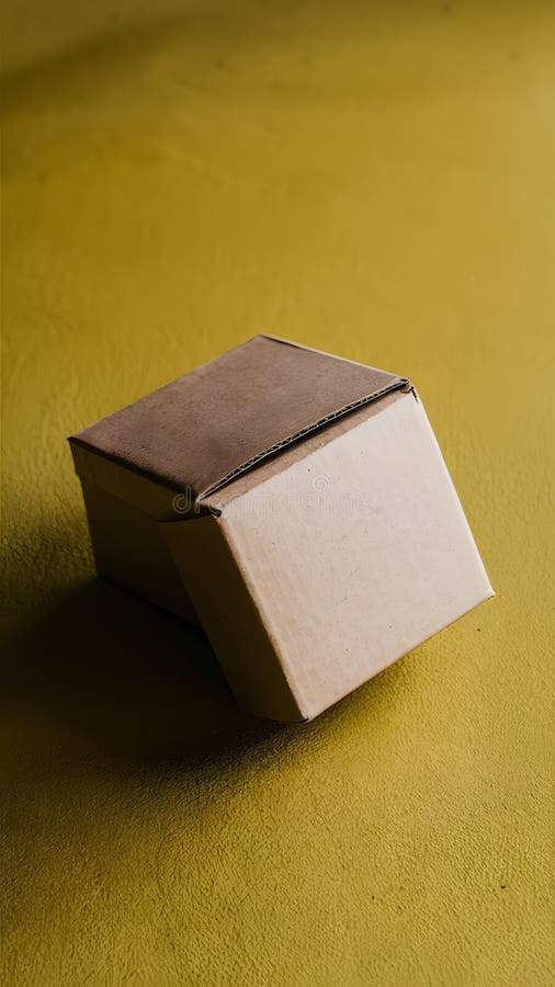 Simple, Functional Tilted Cardboard Box on a Yellow Surface, Closed Lid ...
