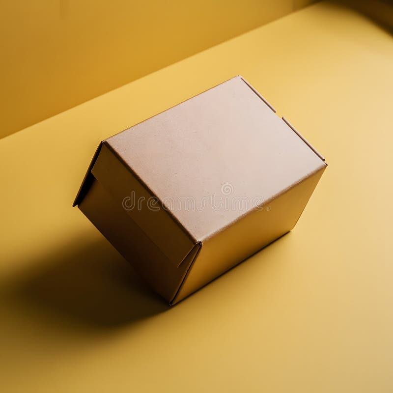 Simple, Functional Tilted Cardboard Box on a Yellow Surface, Closed Lid ...