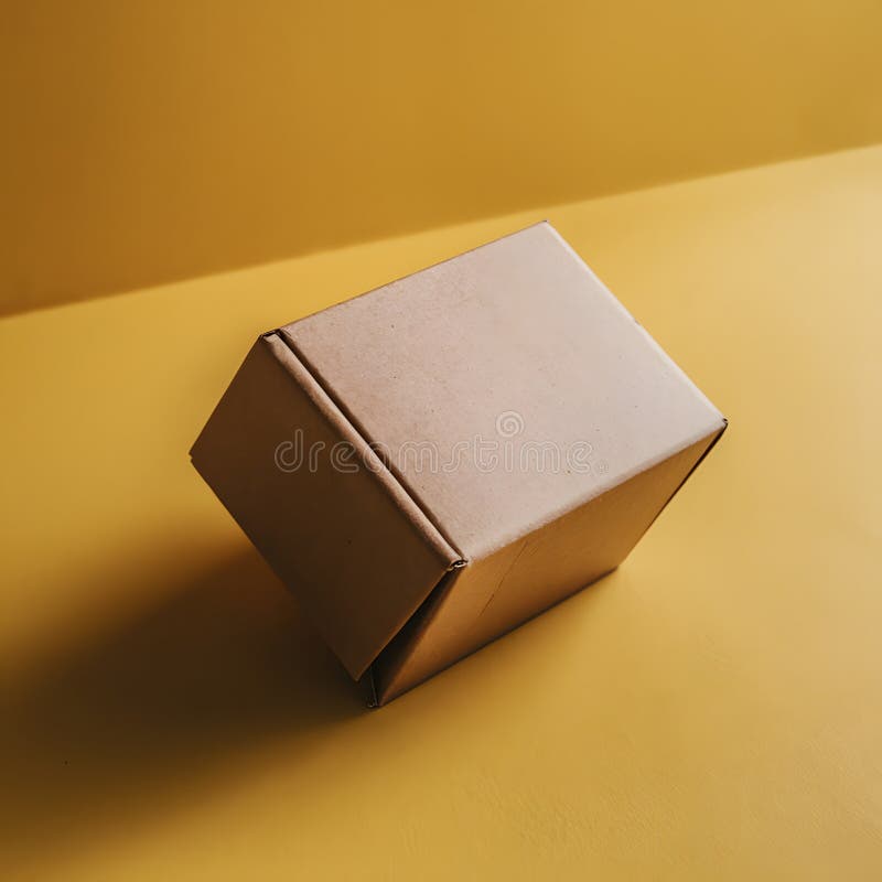 Simple, Functional Tilted Cardboard Box on a Yellow Surface, Closed Lid ...