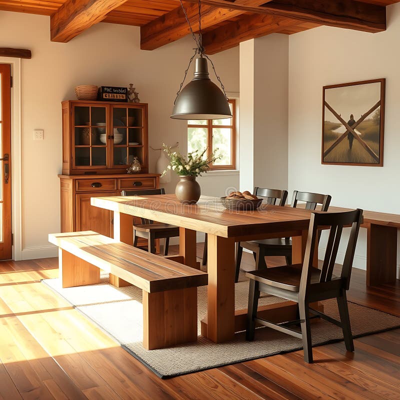 A Simple and Functional Wooden Dining Bench with a Clean Design Placed in a Rustic Dining Room ...