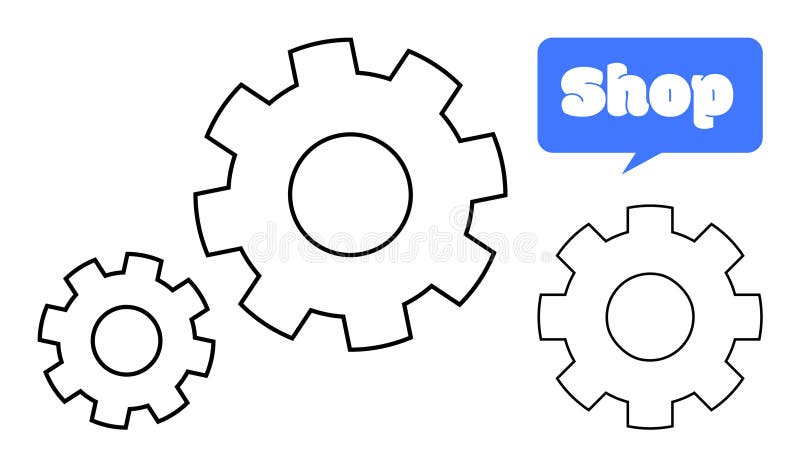 Simple Gear Mechanism with Shop Text Highlight in Blue Speech Bubble ...