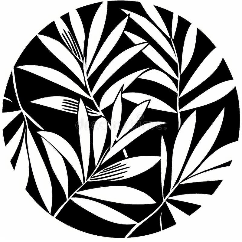 Simple Geometric Nature Stencil in a Circle, Black and White Design ...