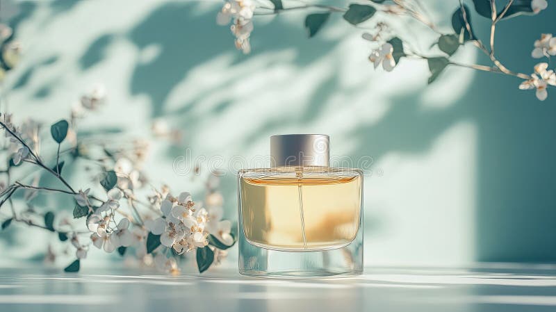 A Simple Glass Perfume Bottle with a Light Floral Backdrop. Picture ...
