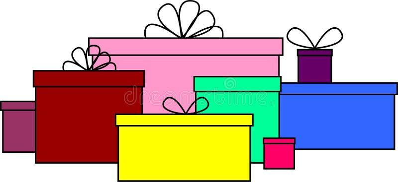 Simple Graphic Drawing of Multicolored Gift Boxes with Black Outline in ...