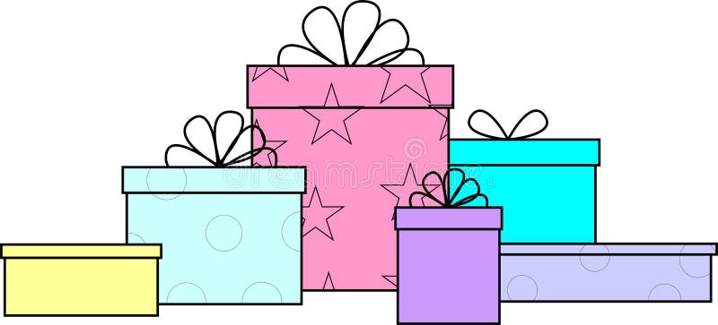 Simple Graphic Drawing of Multicolored Gift Boxes with Black Outline in ...