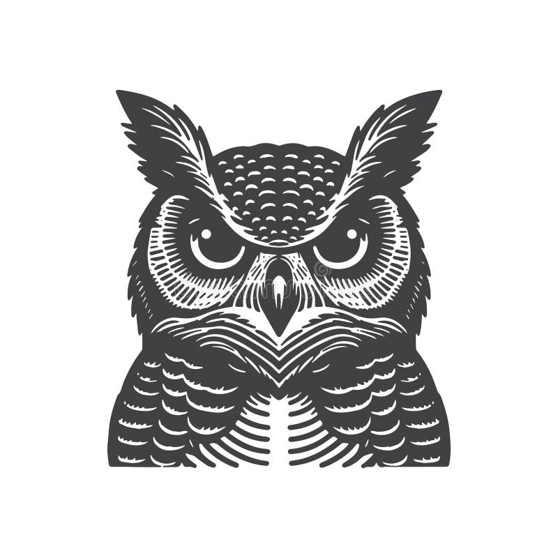Simple Great Horned Owl Front View Icon Retro Vintage Style. Stock ...