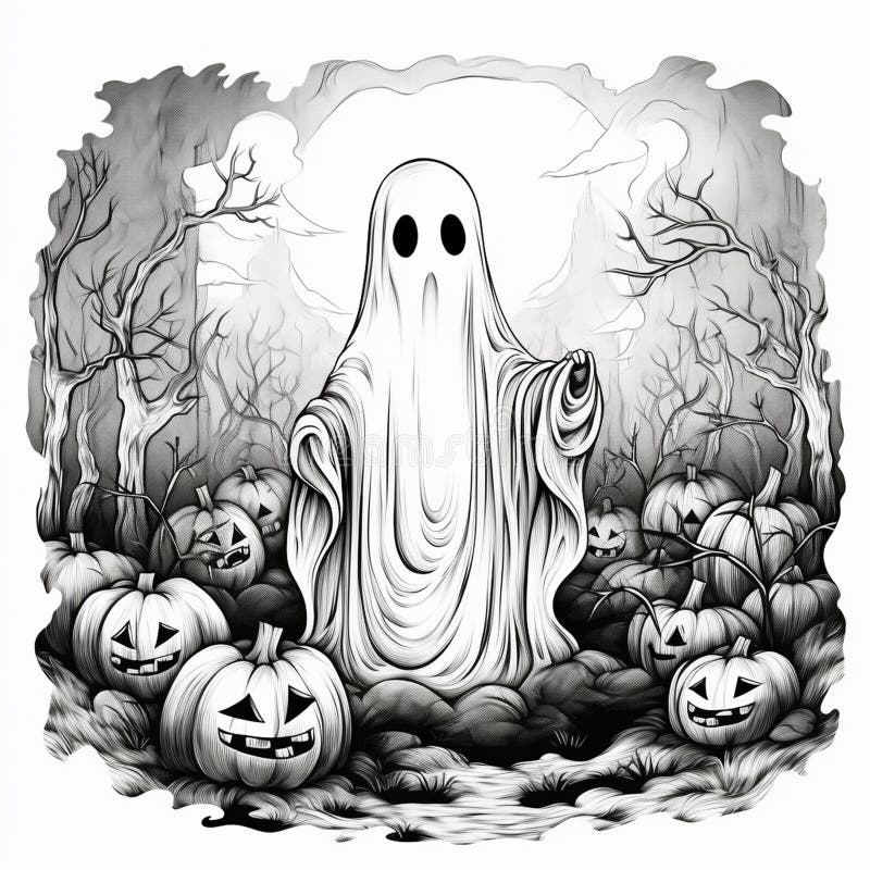 Simple Halloween Ghost Drawing with a Moon Stock Illustration ...