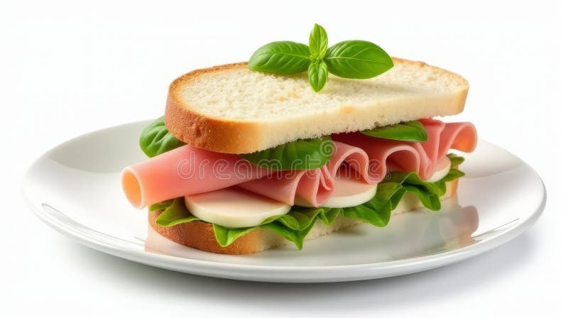 Simple Ham Sandwich: Bread with Fresh Basil on White Plate (Generated ...