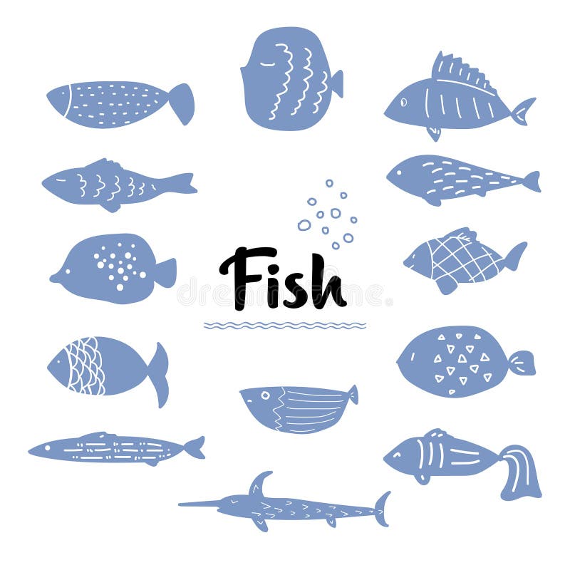 Simple Hand Drawn Blue and White Fish Set. Stock Vector - Illustration ...