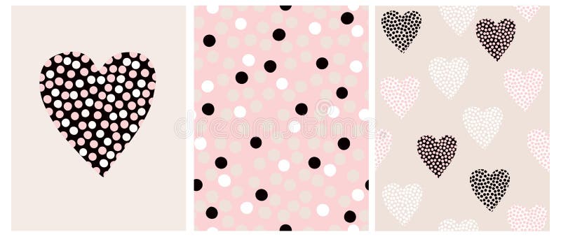 Simple Hand Drawn Irregular Hearts and Dots Vector Patterns and Card ...