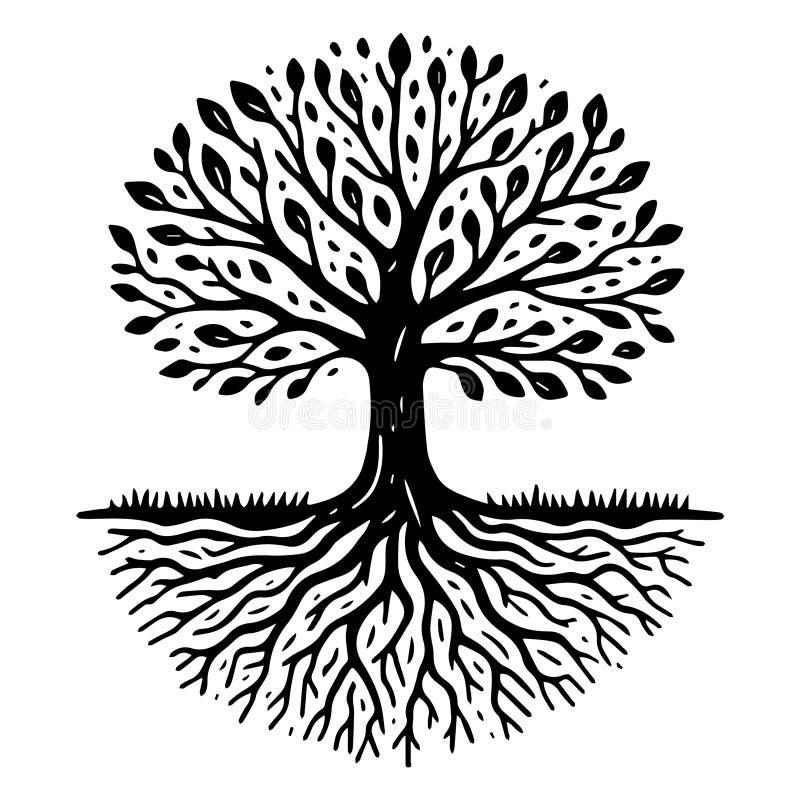 Simple Hand Drawn Tree with Roots Flat Vector Illustration Linocut ...