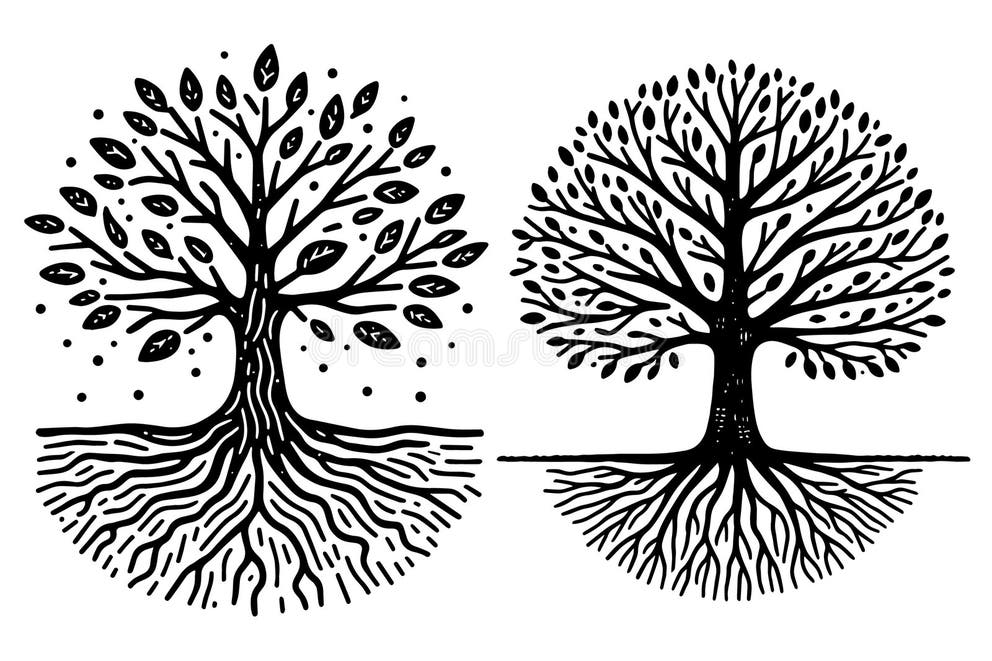 Simple Hand Drawn Tree with Roots Flat Vector Illustration Linocut ...