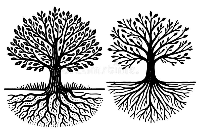 Simple Hand Drawn Tree with Roots Flat Vector Illustration Linocut ...