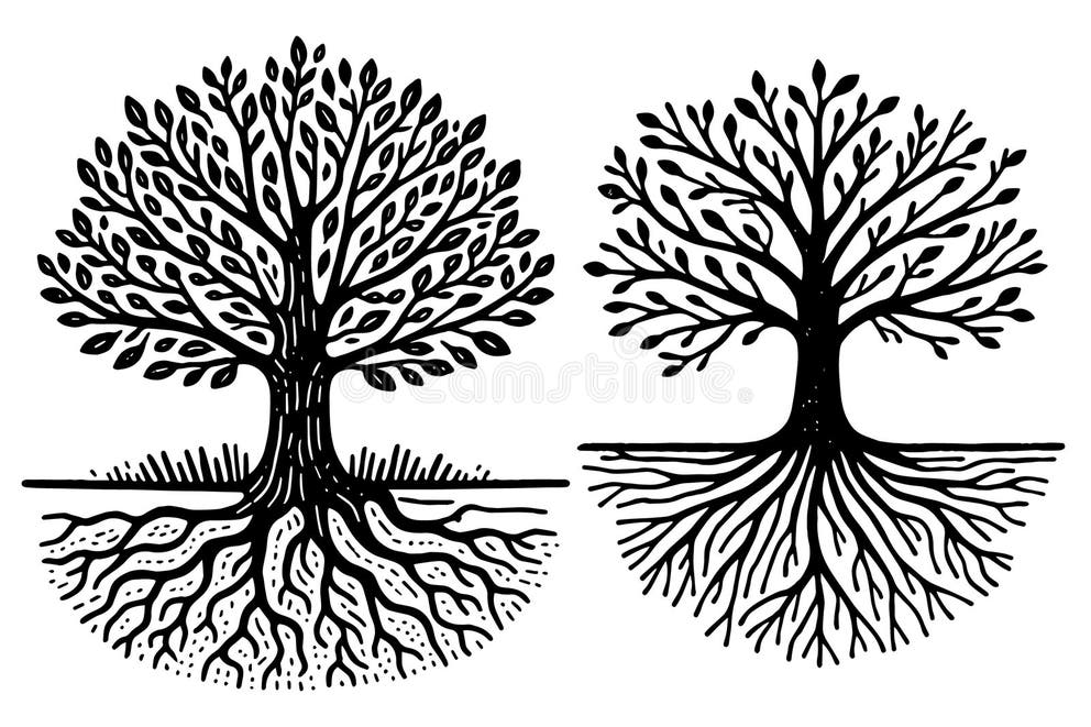 Simple Hand Drawn Tree with Roots Flat Vector Illustration Linocut ...