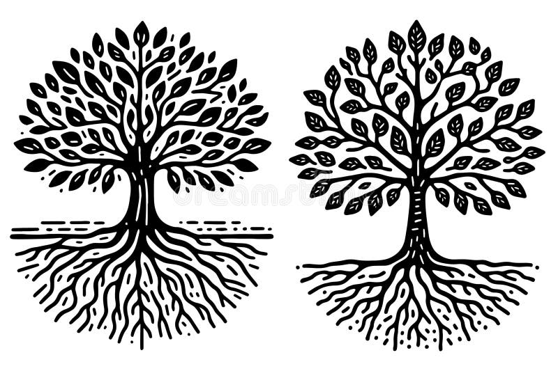 Simple Hand Drawn Tree with Roots Flat Vector Illustration Linocut ...