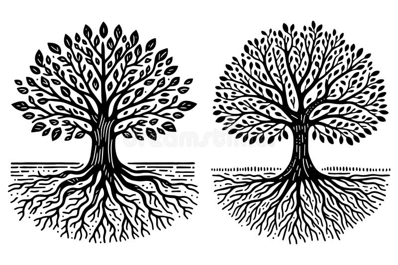 Simple Hand Drawn Tree with Roots Flat Vector Illustration Linocut ...
