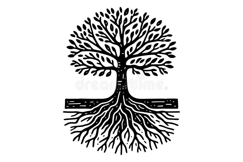 Simple Hand Drawn Tree with Roots Flat Vector Illustration Linocut ...