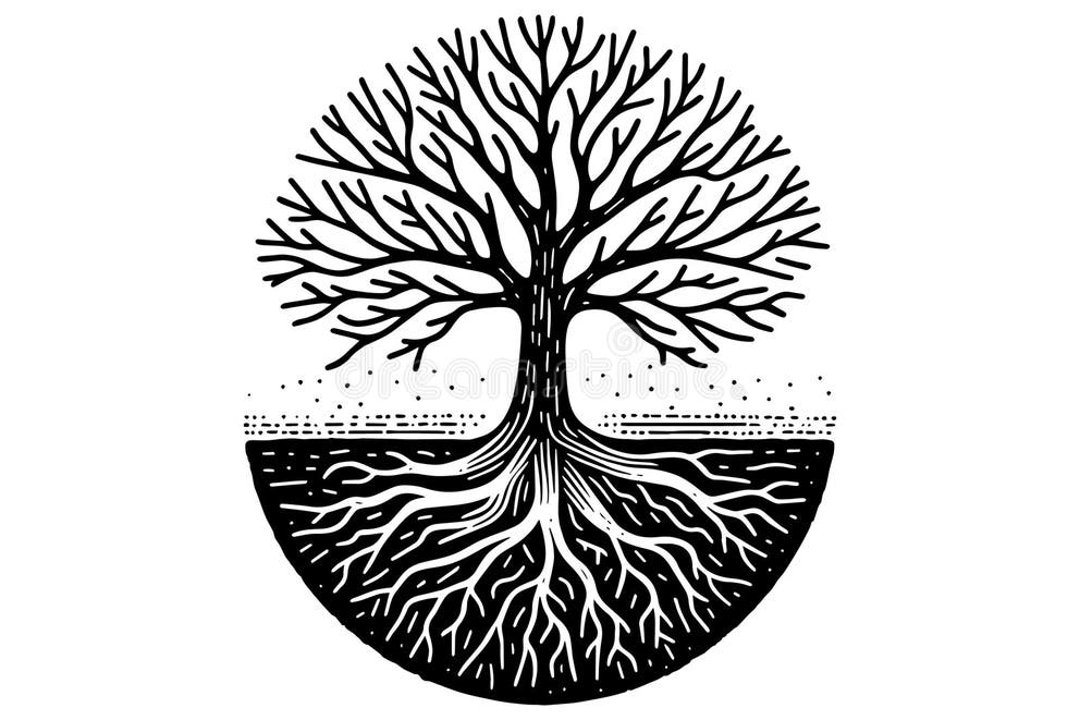Simple Hand Drawn Tree with Roots Flat Vector Illustration Linocut ...