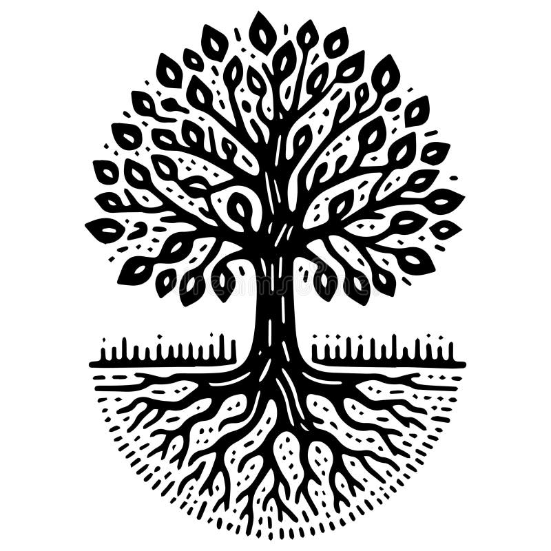 Simple Hand Drawn Tree with Roots Flat Vector Illustration Linocut ...