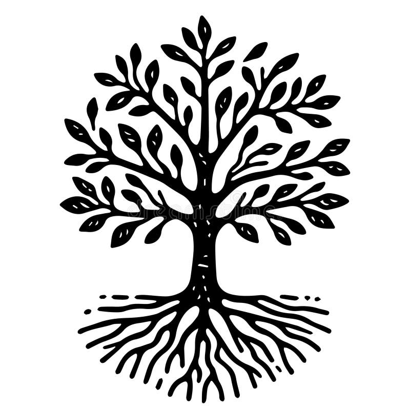 Simple Hand Drawn Tree with Roots Flat Vector Illustration Linocut ...