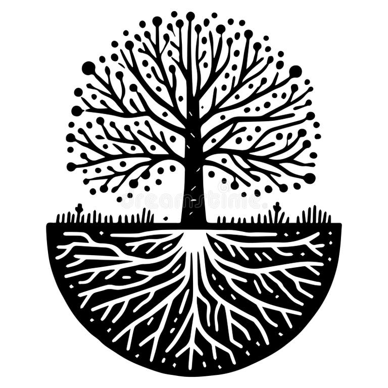 Simple Hand Drawn Tree with Roots Flat Vector Illustration Linocut ...