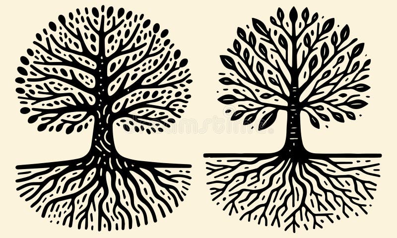 Simple Hand Drawn Tree with Roots Flat Vector Illustration Linocut ...