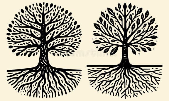 Simple Hand Drawn Tree with Roots Flat Vector Illustration Linocut ...